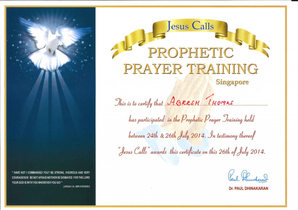 Prophetic Prayer Training Certificate | Thomas Abeesh's Diary - A walk ...